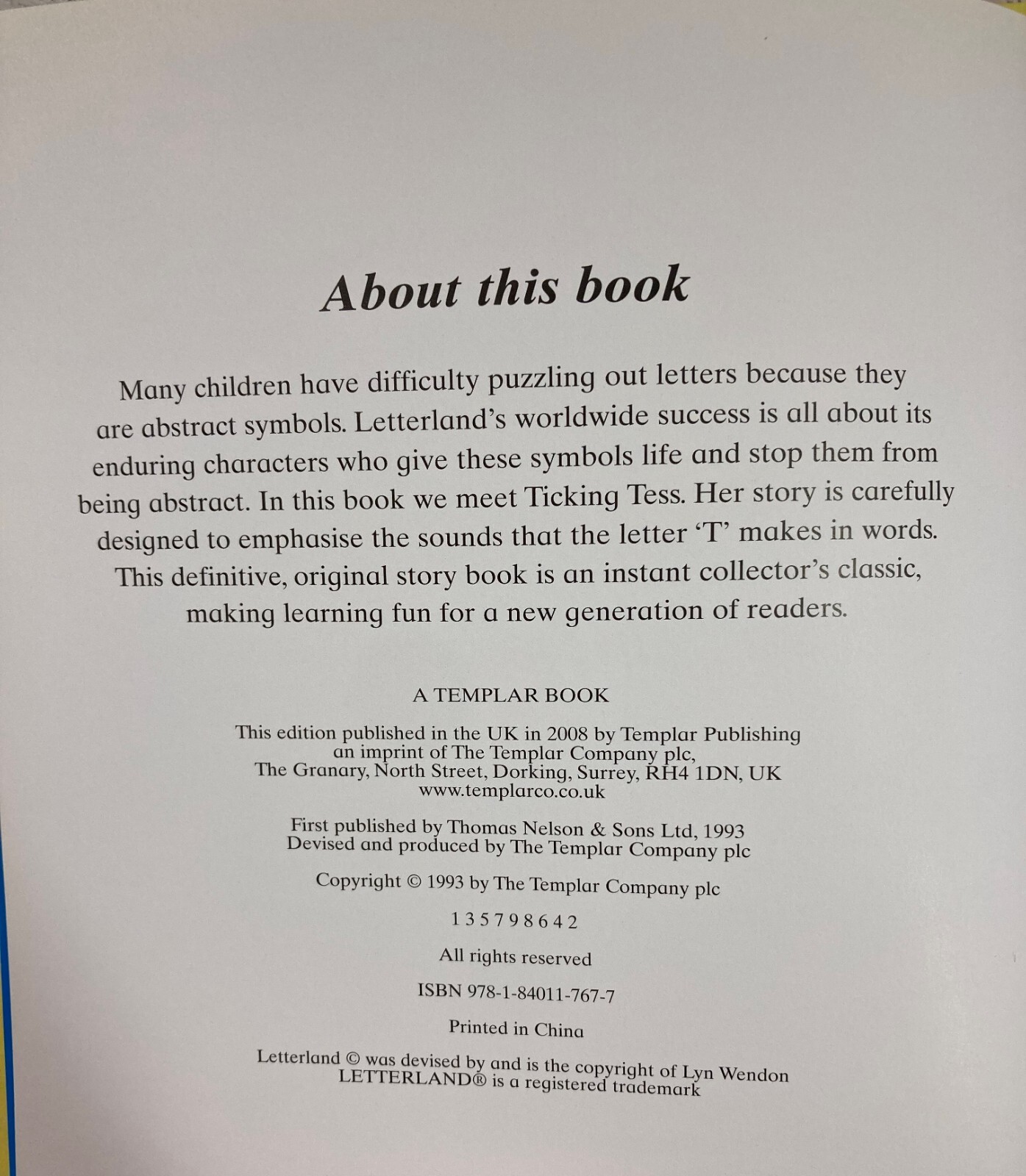 Letterland Letter Land Book T Ticking Tess & the Tiger Learning Letters ...