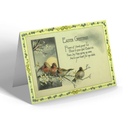 EASTER CARD - Vintage Design - Easter Greetings. Four Birds on Blossom ...