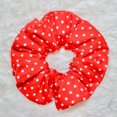 Red Polka Dot Hair Scrunchie w/ White Dots. Fabric Elastic Bobble Band ...