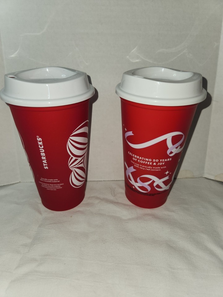 Starbucks Christmas Set of 2 16oz Holiday Ribbon Ornament Cups Hot Cold ...
