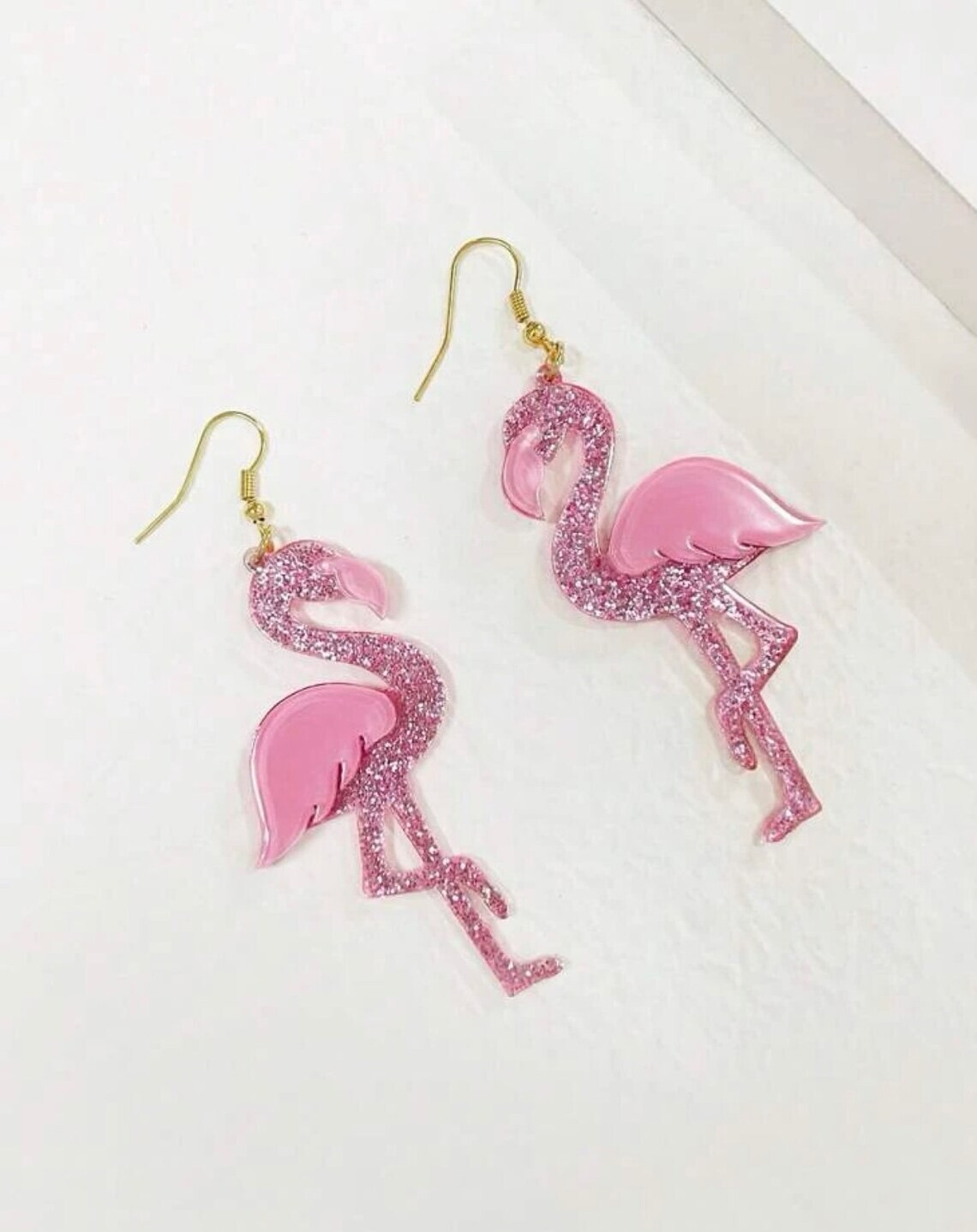 3.15" Pink Acrylic Sparkly Glitter FLAMINGO Dangle Gold Hooks Earrings ...