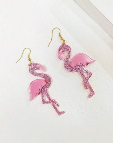 3.15" Pink Acrylic Sparkly Glitter FLAMINGO Dangle Gold Hooks Earrings ...