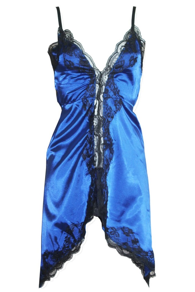 Women Blue Sexy Satin Baby doll with Lace Detail G-String Chemise and ...