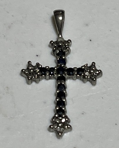 VINTAGE 925 STAMPED TEXTURED STERLING SILVER CROSS PENDANT W/ NAVY BLUE ...