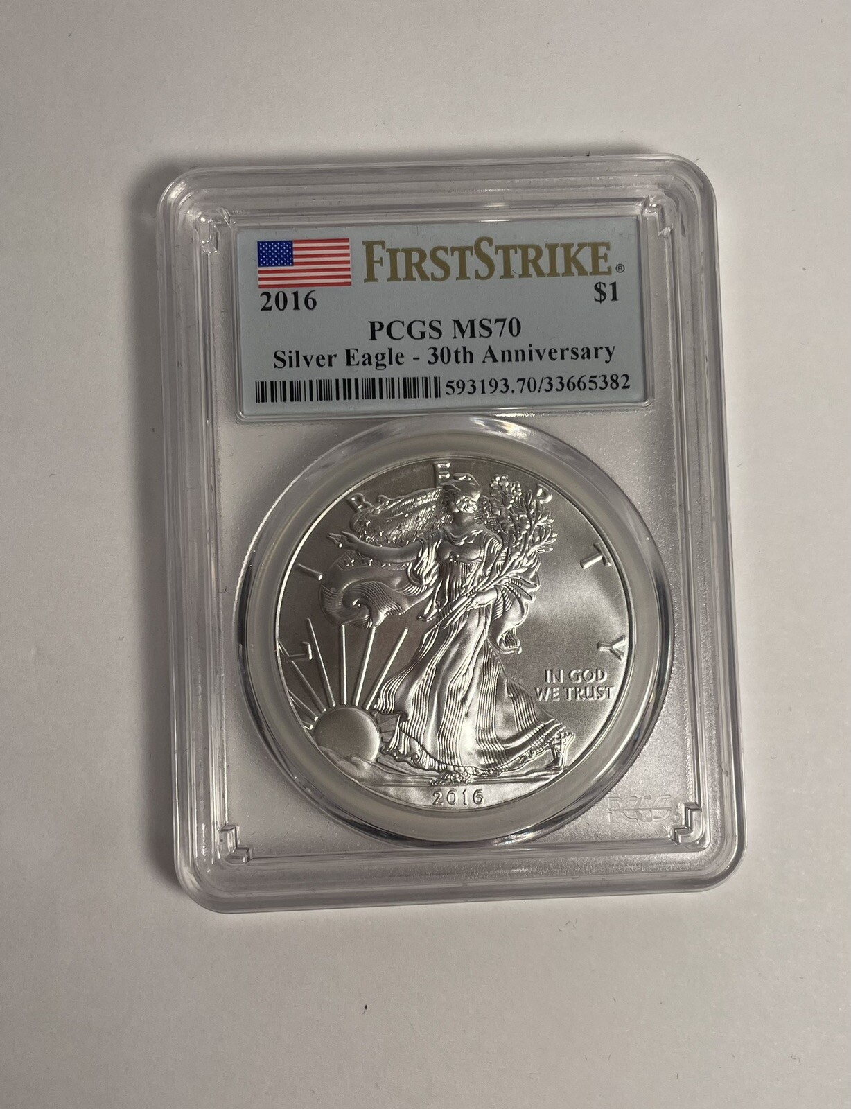 2016 $1 AMERICAN SILVER EAGLE PCGS MS70 FLAG FIRST STRIKE LABEL GRADED ...