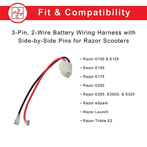3-Pin, 2-Wire Battery Wiring Harness with Side-by-Side Pins for Razor ...