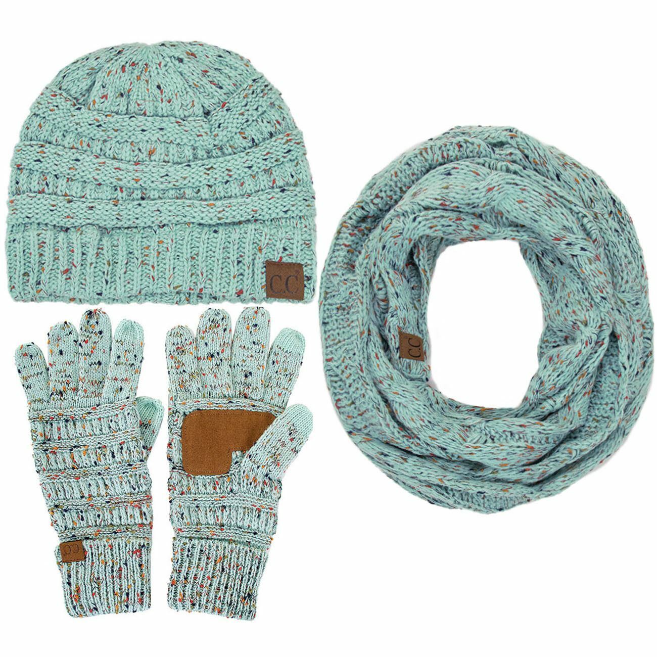 C.C Unisex 3pc Set Confetti Ribbed Cable Knit Stretch Beanie Gloves and ...