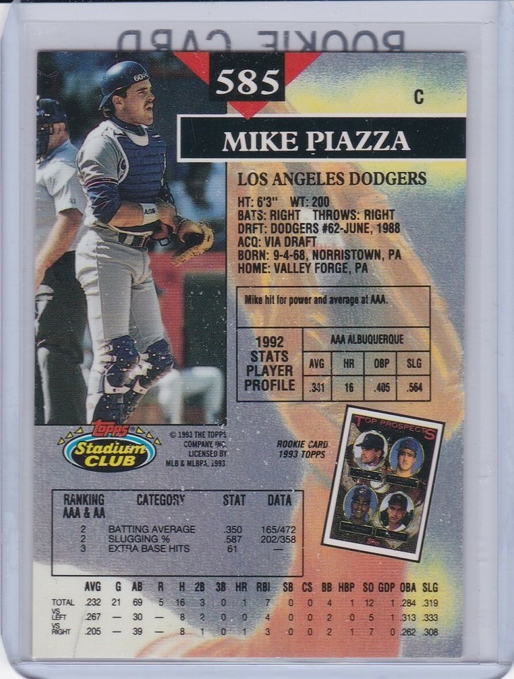 MIKE PIAZZA ROOKIE CARD Baseball Topps Stadium Club Los Angeles Dodgers ...