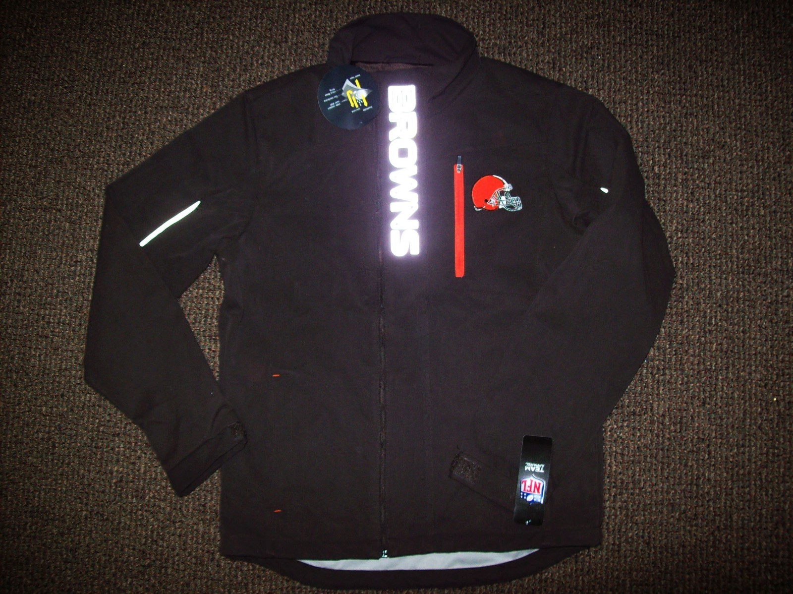 CLEVELAND BROWNS Soft Shell Jacket BROWN w Sewn Logos & Reflective ...