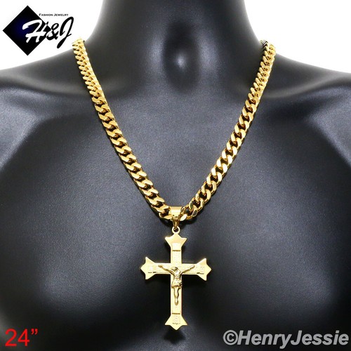 24"30"Stainless Steel 11mm Black/Gold Plated Cuban Curb Chain Cross ...