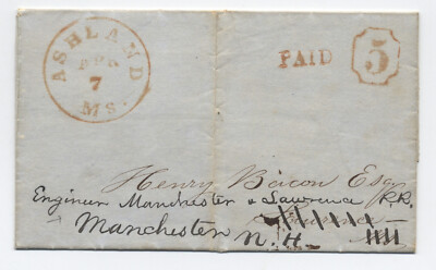 1849 Ashland MA red CDS stampless 5 in truncated box [S.2836] | eBay