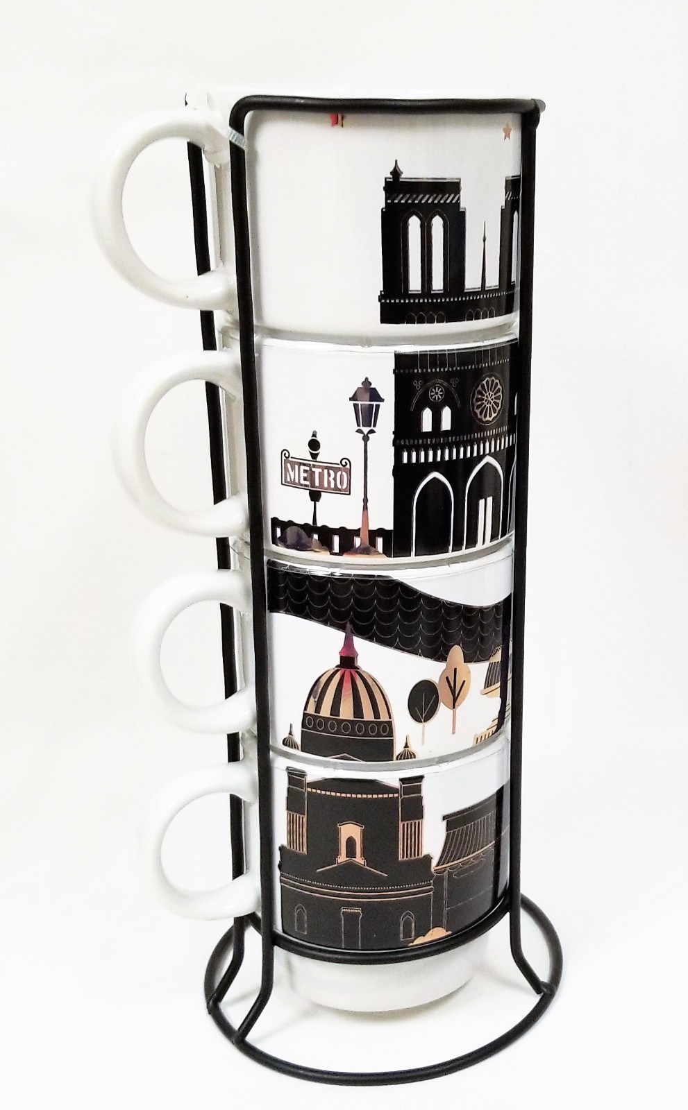 STACKABLE WHITE,BLACK,GOLD PARIS CERAMIC 4 COFFEE MUG,TEA CUP+BLACK ...