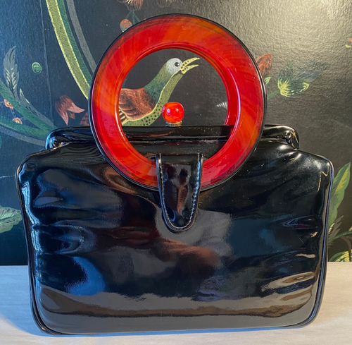 Vintage Patent Leather Handbag With Amber Lucite Handles | eBay