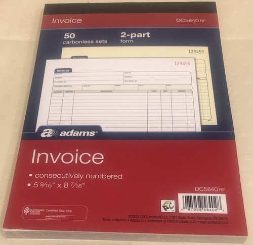 Adams 2-Part Invoice Book - 50 Carbonless Sets - Consecutively Numbered ...