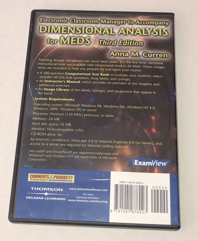 Dimensional Analysis for Meds 3rd Edition by Anna M. Curren DVD Delmar ...