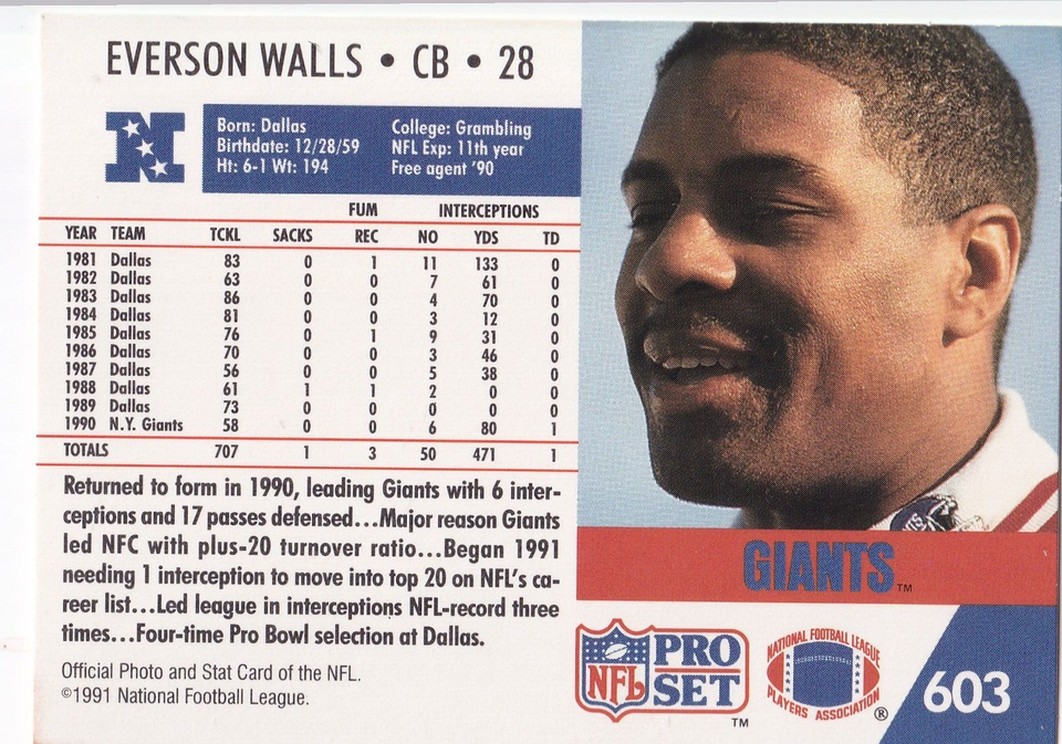 1991 Pro Set #603 Everson Walls NFL New York Giants + (Yes 4 Free ...