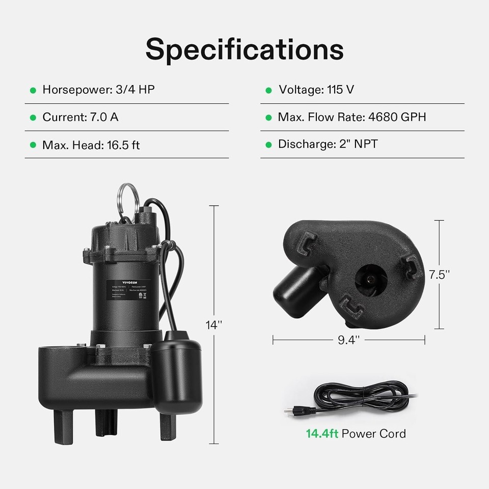 Submersible Sewage Pump Water Pump 3/4 HP Cast Iron W/Automatic ...