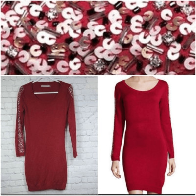 Andrew Marc Poinsettia Red Sequin Bead Long Sleeve Boatneck Sheath ...
