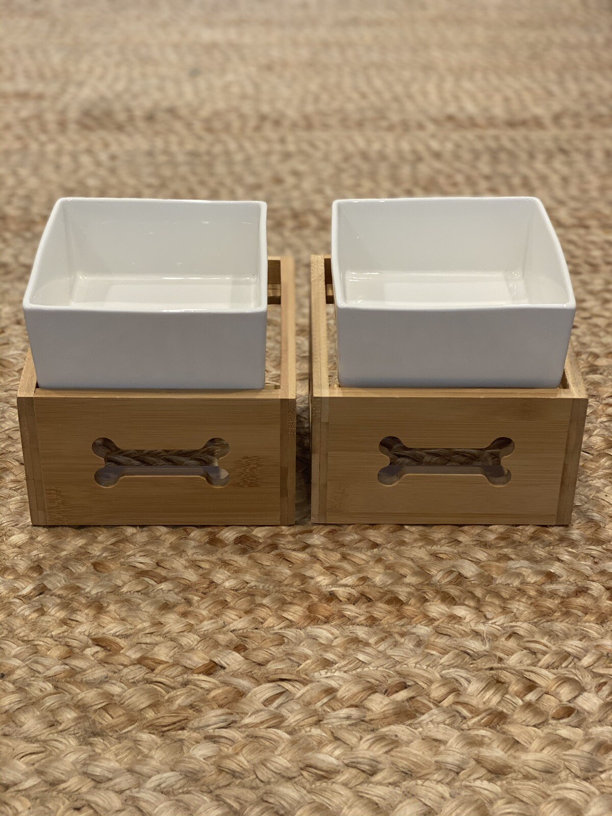 White Square Dog Bowl Set With Wooden Stand | eBay