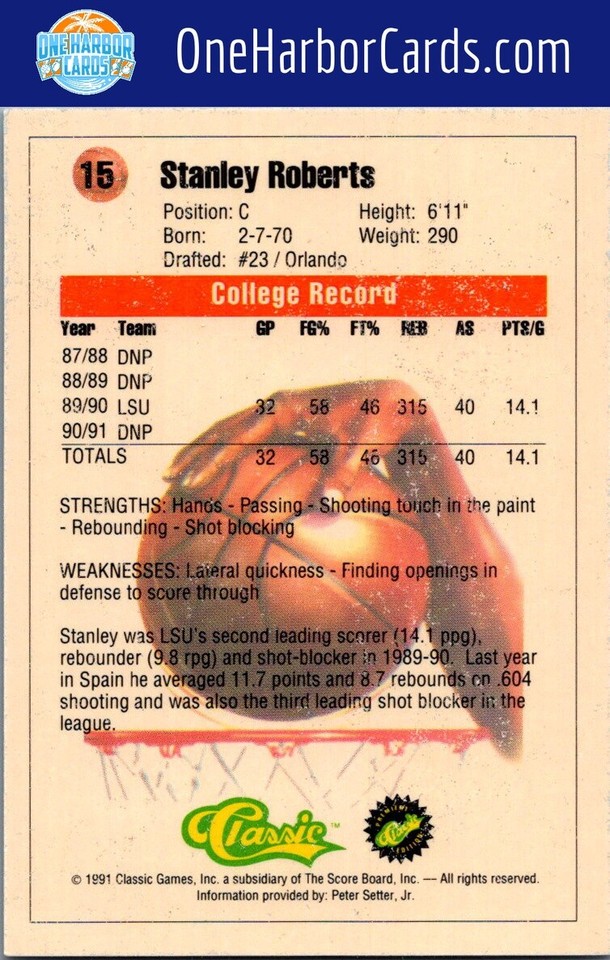 1991 Classic LSU Tigers #15 Stanley Roberts | eBay