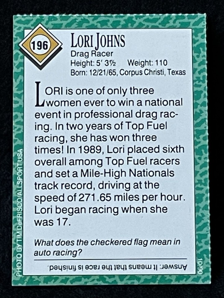 LORI JOHNS ROOKIE 1990 Sports Illustrated for Kids SI #196 Drag Racing ...