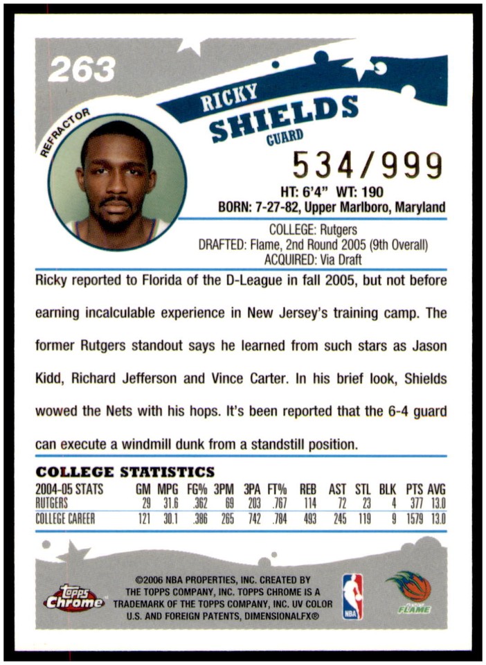 2005-06 Topps Chrome #263 Ricky Shields Refractors #/999 | eBay