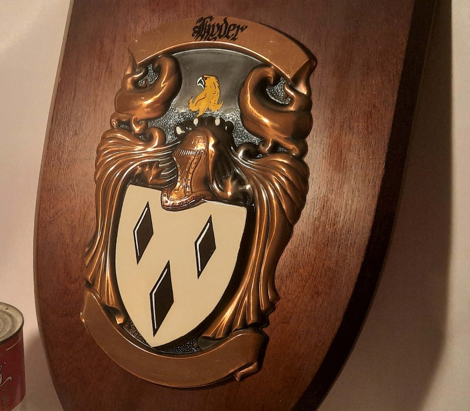 HYDER vtg family crest coat of arms black diamond shield medieval ...