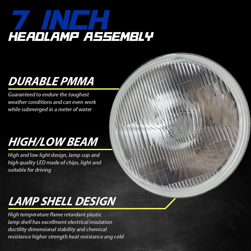 7" Stock Glass Lens Metal Headlight 6v 6Volt 6k LED H4 Light Bulb ...
