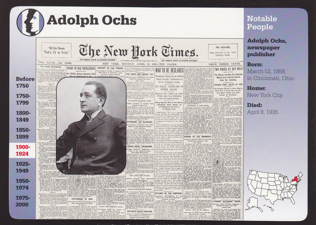 ADOLPH OCHS New York Times Newspaper Publisher GROLIER STORY OF AMERICA CARD | eBay