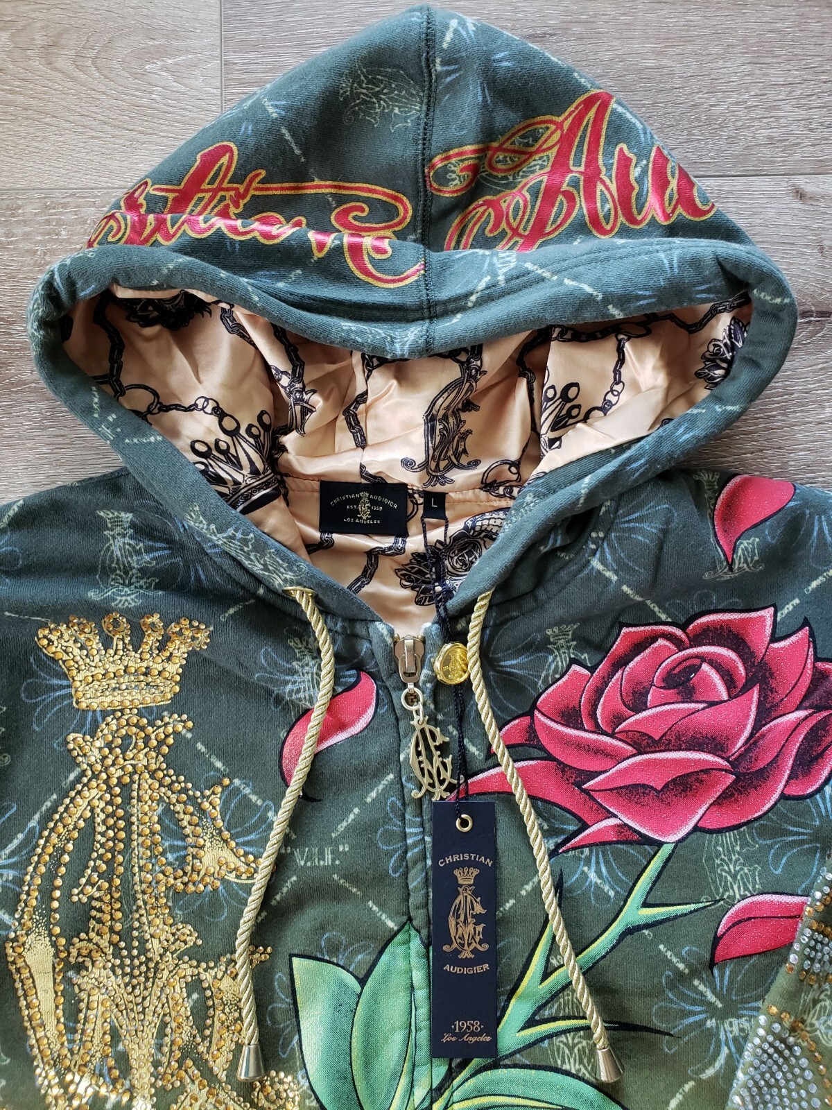 Christian Audigier & Ed Hardy Men Vintage Hoodie Skull Hand Rose Green ...