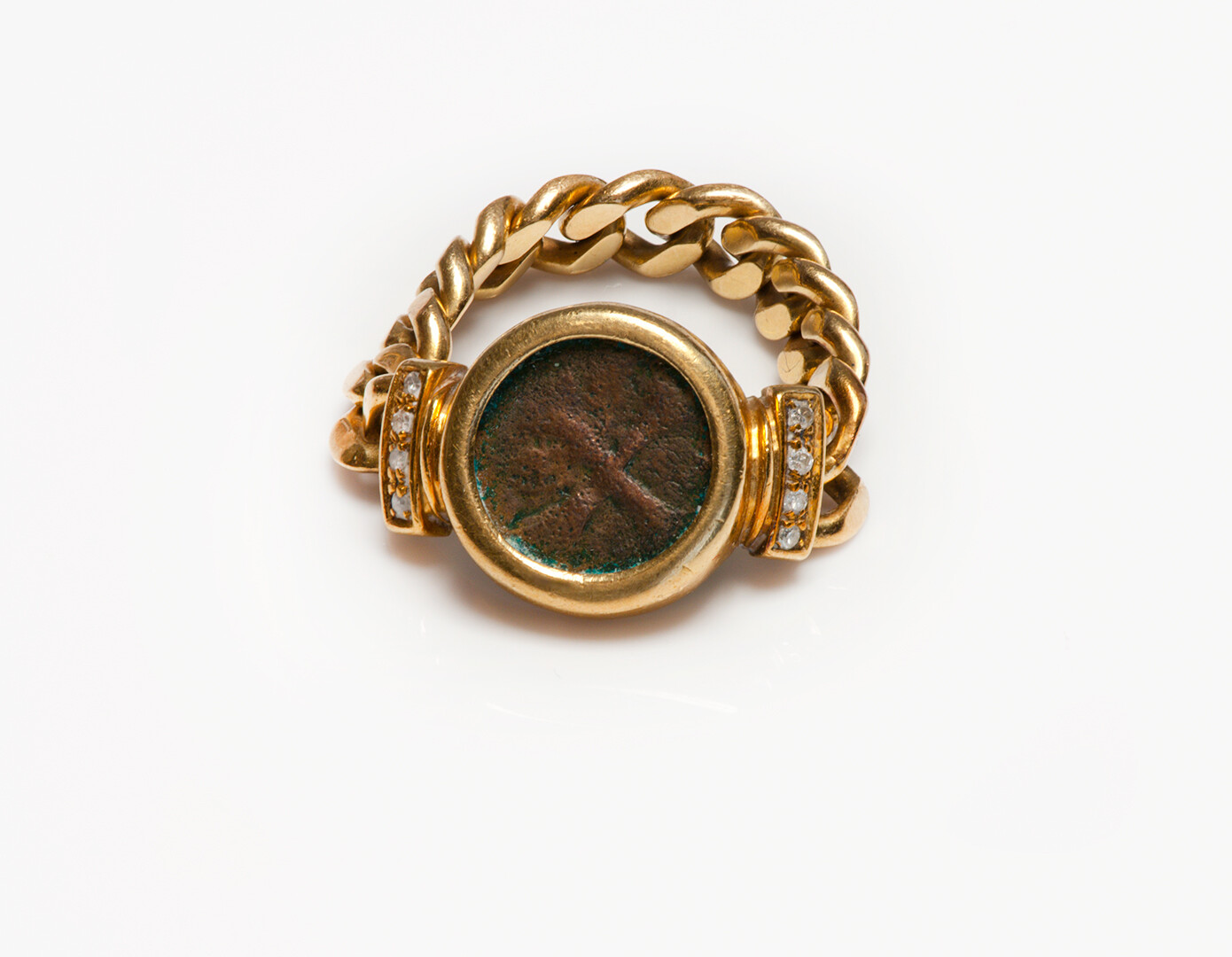 Vintage Gold Diamond Ancient Coin Chain Ring - Gem
