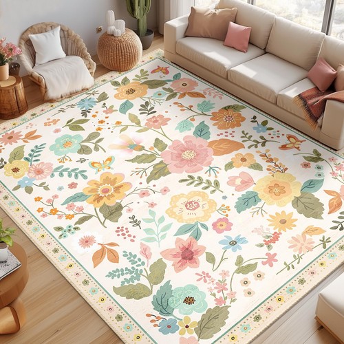 Floral 8x10 Area Rug Machine Washable Soft Print Boho Carpet Non Slip ...