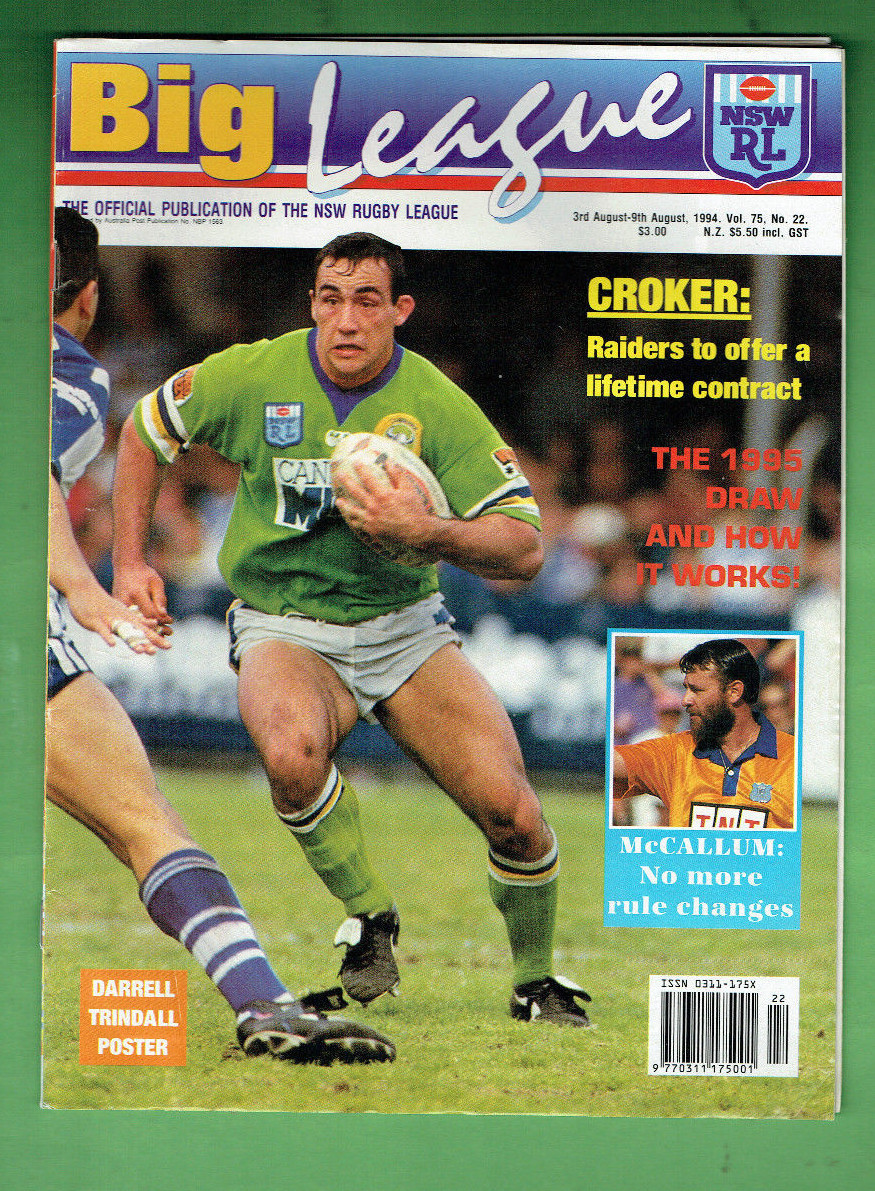 #HH1. RUGBY BIG LEAGUE MAGAZINE 3-9/8 1994, DARRELL TRINDALL- SOUTHS ...