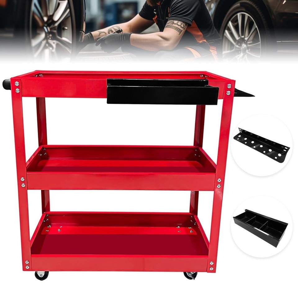 3 Tier Utility Tool Cart Rolling Work Cart W/ 4 Swivel Wheels + Side ...