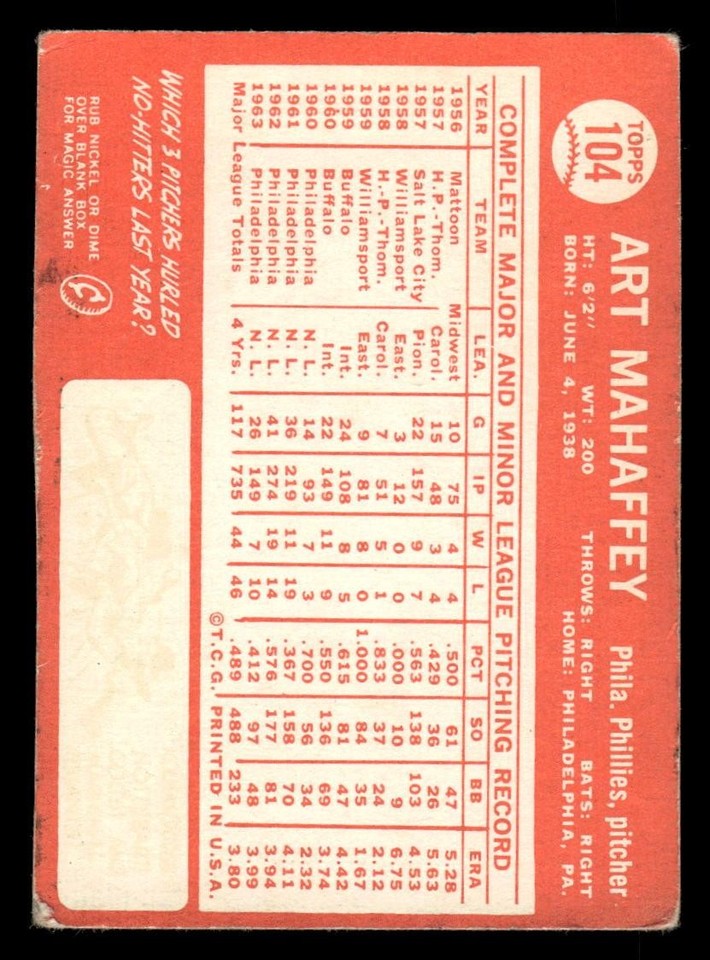 1964 TOPPS ART MAHAFFEY 104 VG BASEBALL PHILADELPHIA PHILLIES | eBay
