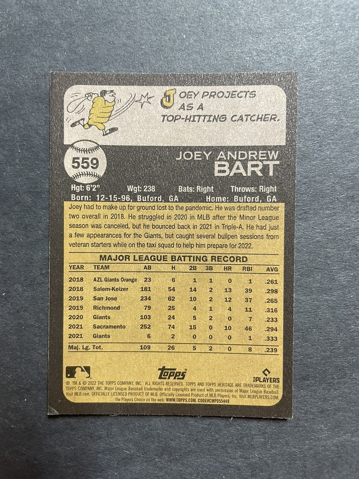 2022 Heritage High Number JOEY BART Giants #559 Blue Speckle Refractor ...