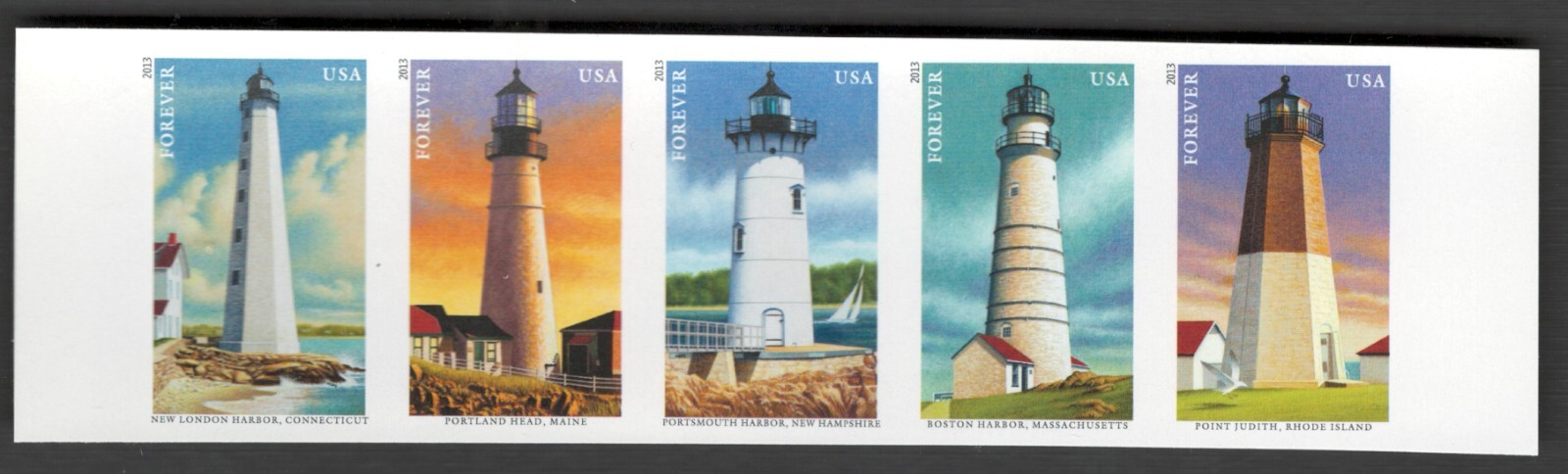 US. 4791-95. (Forever) New England Lighthouses. Strip of 5. Imperf. MNH ...
