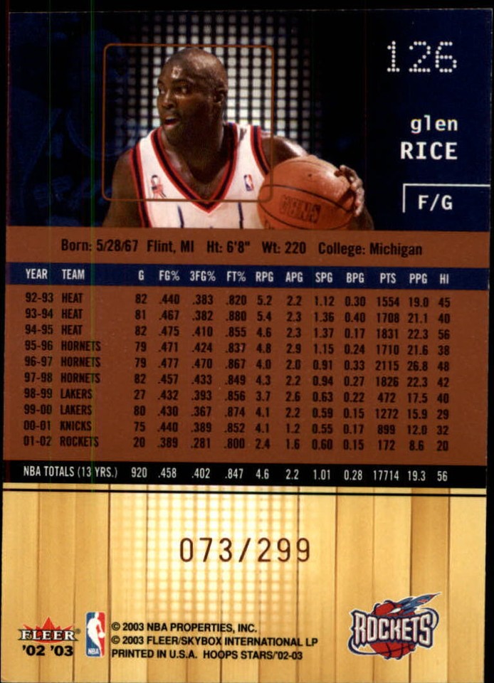 2002-03 Hoops Stars Five-Star Rockets Basketball Card #126 Glen Rice ...