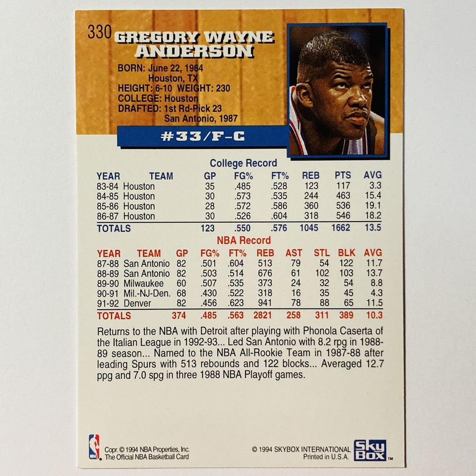 1994 Greg Anderson - NBA Hoops #330 - Detroit Pistons - Basketball Card ...