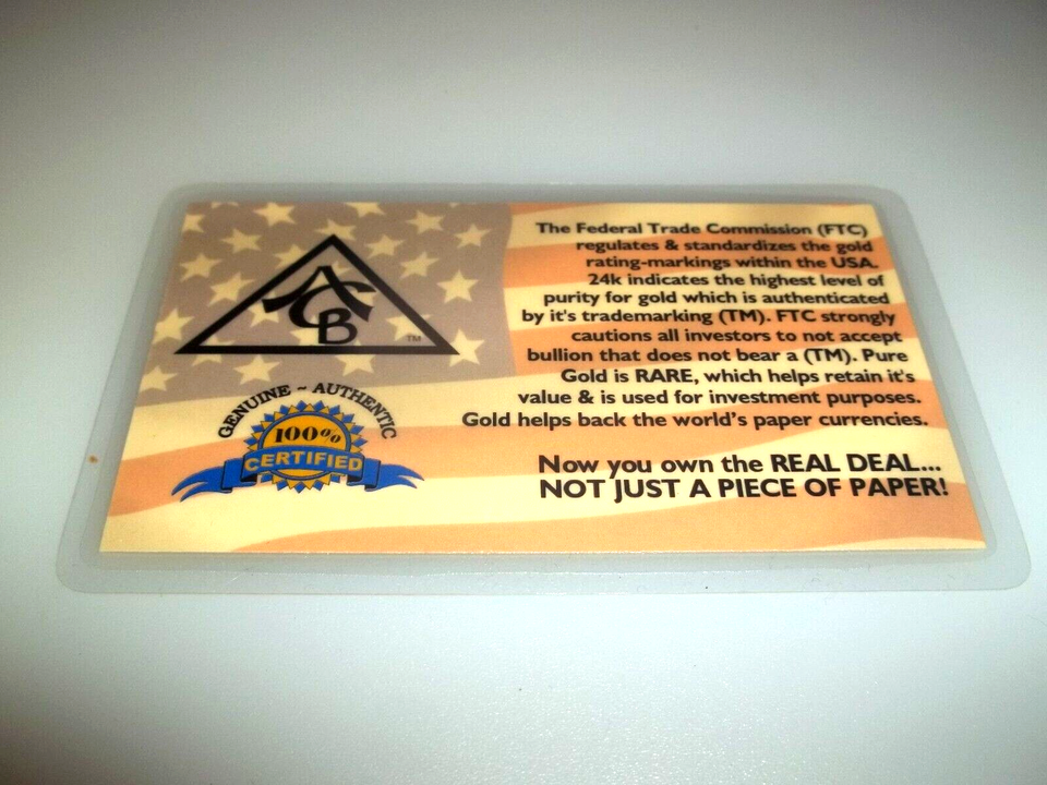 24K GOLD BAR *ONE FULL GRAIN* AMERICAN CERTIFIED BULLION CERT CARD. 99. ...