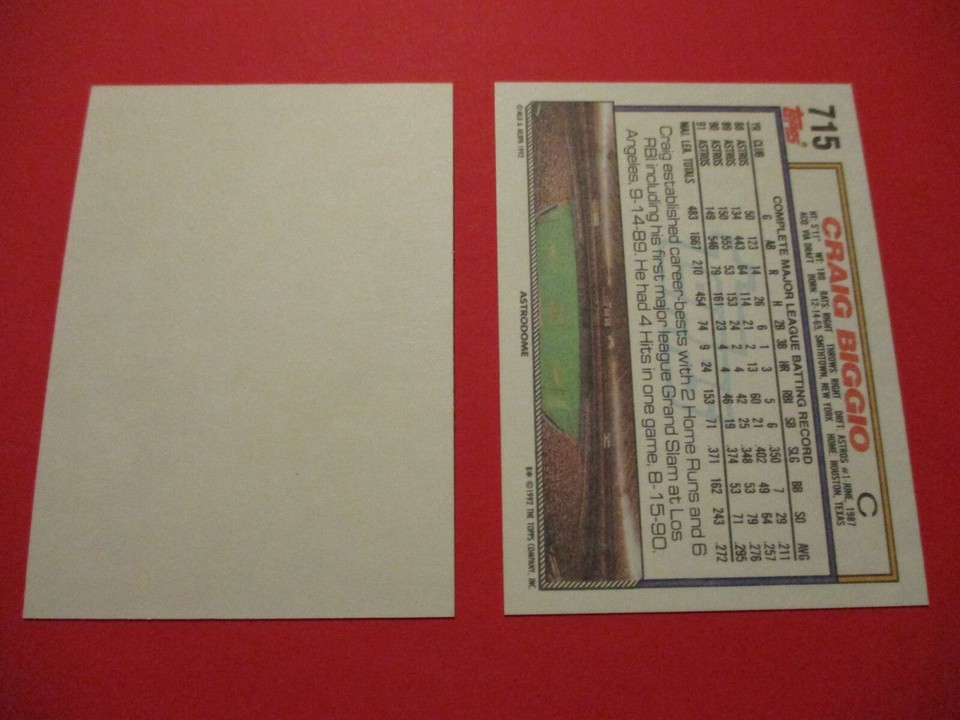 Blank 1992 Topps Craig BIGGIO Blank Back ERROR & Correct Cards #715 ...