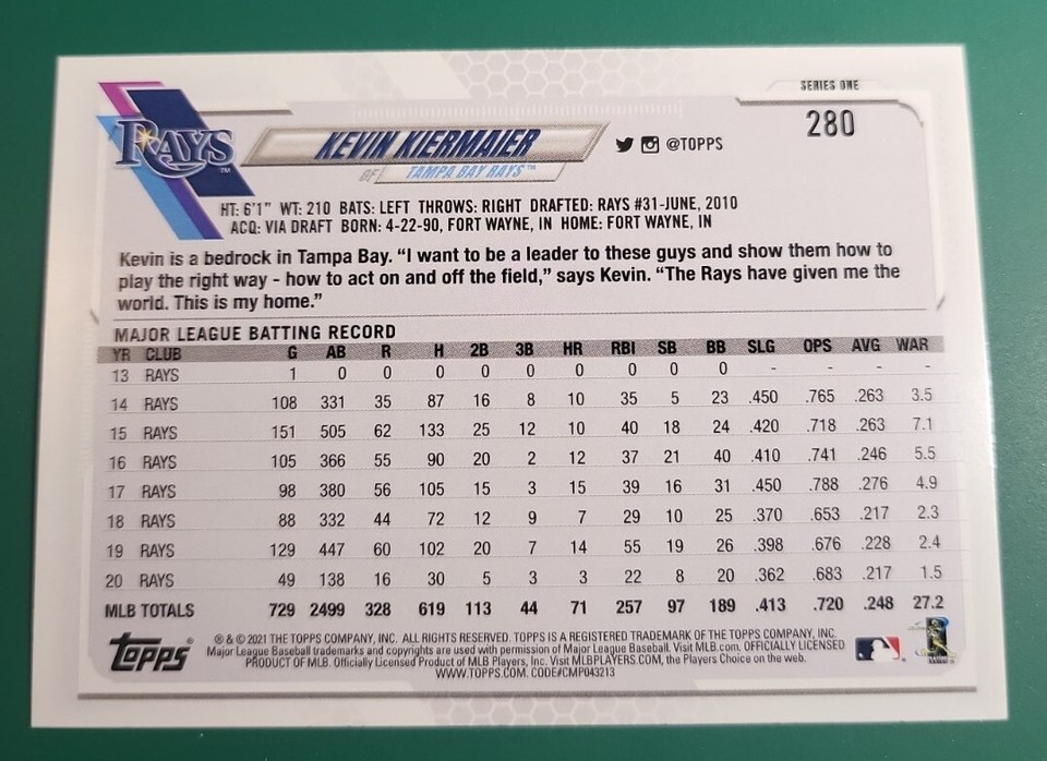 Kevin Kiermaier #280 Tampa Bay Rays 2021 Topps Baseball Card FREE S&H ...