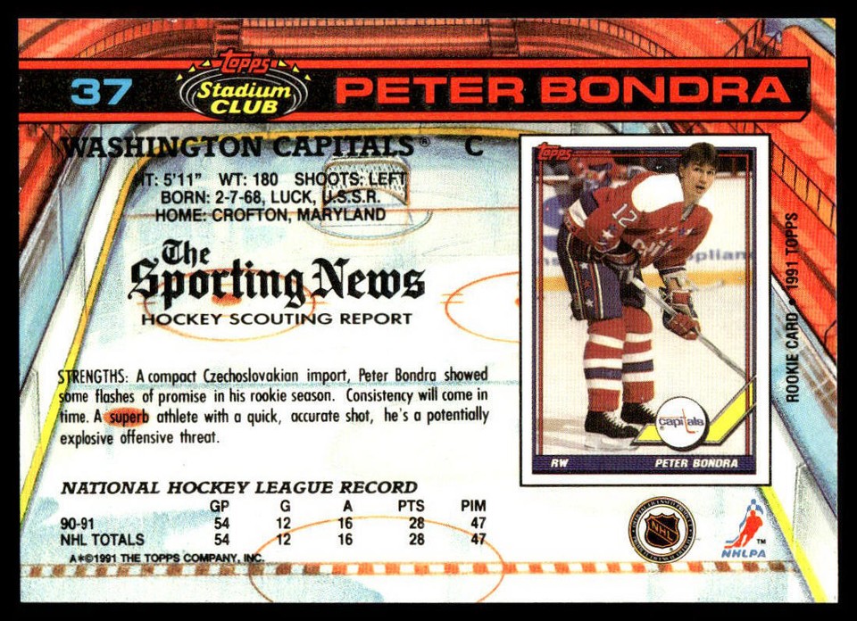 1991-92 Stadium Club #37 Peter Bondra Washington Capitals Hockey Card ...