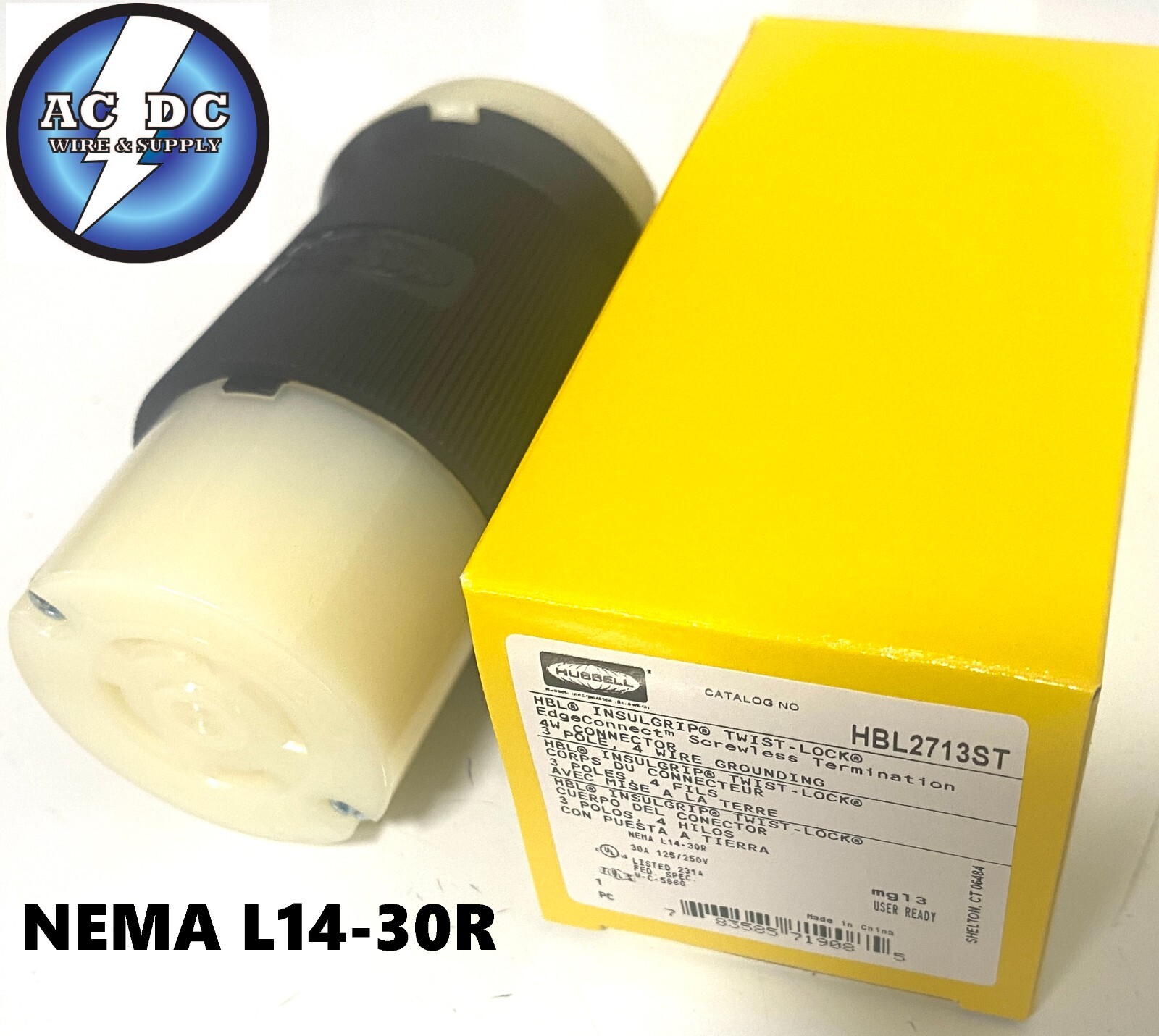 HUBBELL TWIST-LOCK PLUG HBL2713ST 30A 125/250VAC NEMA L14-30R 3P 4W ...
