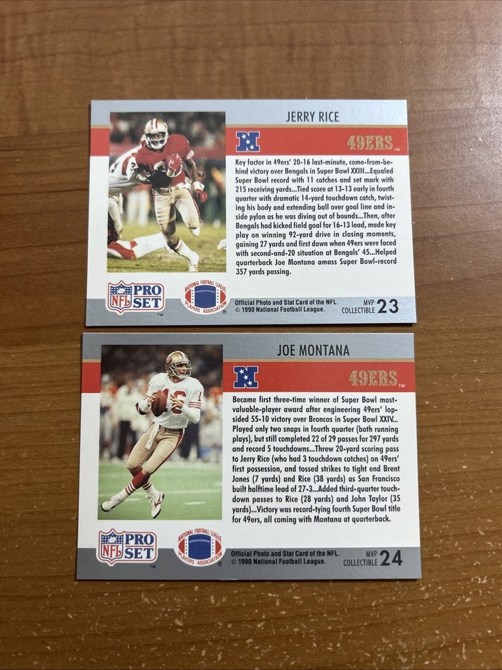 1990 NFL Pro Set MVP Super Bowl Cards - Joe Montana #24 & Jerry Rice ...