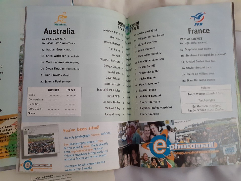 Wales v Samoa, Australia v France Rugby World cup 1999 Programs +Samoa ...