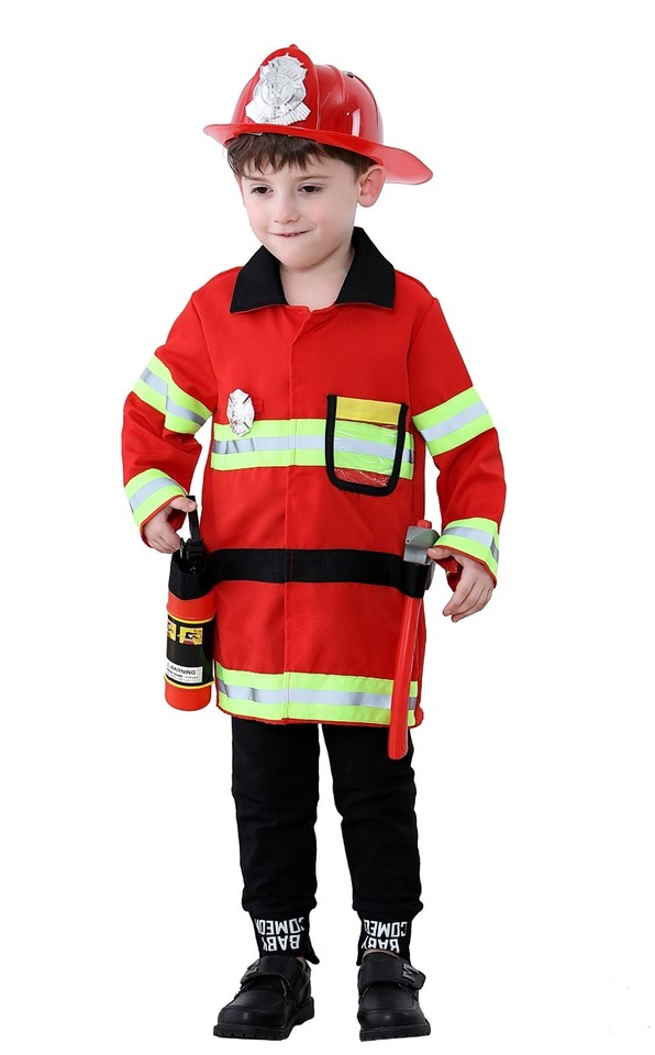 Kids Fireman Costume Firefighter Role Play Halloween Fire Man Uniform ...