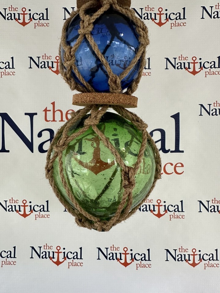 (3) Glass Fishing Floats On Rope, Nautical Fish Net Decor, Blue, Green ...