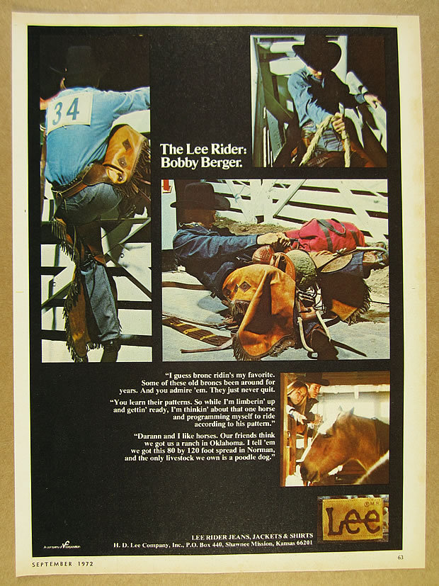 1972 Lee Rider Jeans rodeo cowboy Bobby Berger photos vintage print Ad | eBay