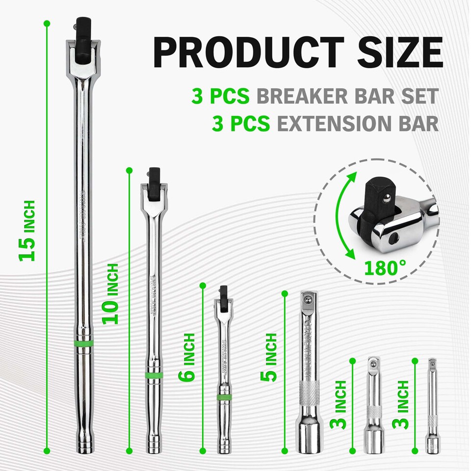 6-Piece Flex-Head Breaker Bar Set 1/2" 3/8" 1/4" Drive 15" 10" 6" 180 ...